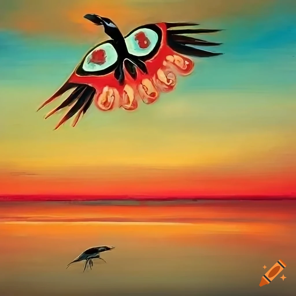 Oil painting of native Salish designs with various animals in high ...