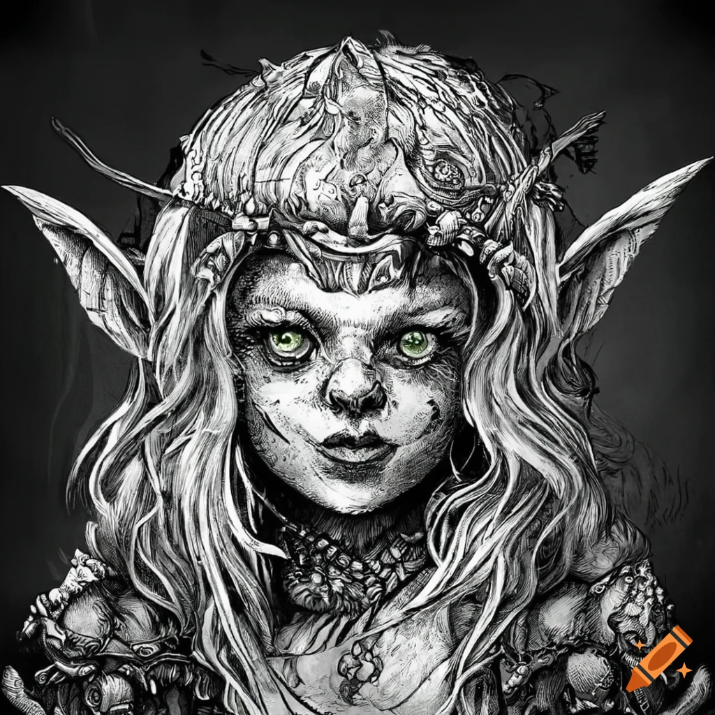 Intricately detailed female goblin character in black and white ...
