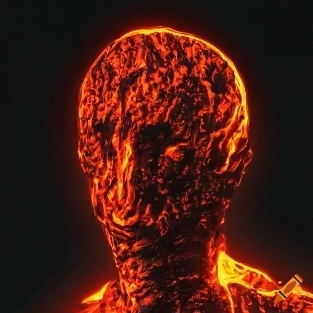 Human man made of lava and molten rock with red eyes and a creepy smile ...