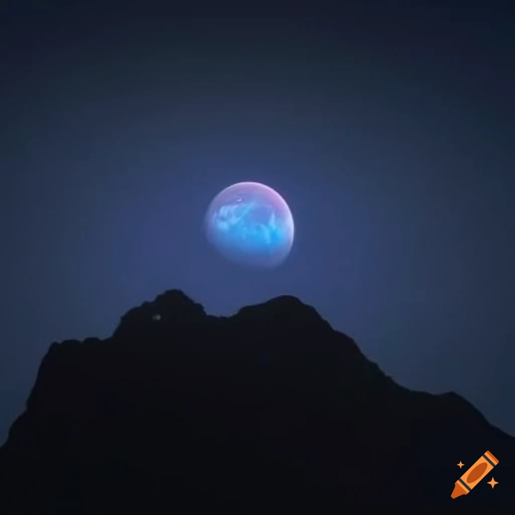 Illuminated planet rising over dark horizon under a light blue white ...