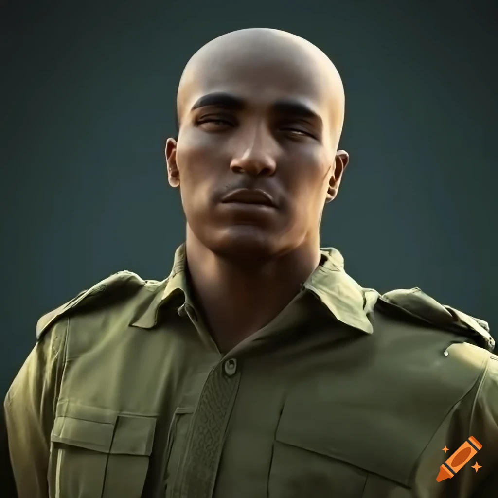 Group of men in olive green police uniforms training in a desert camp ...