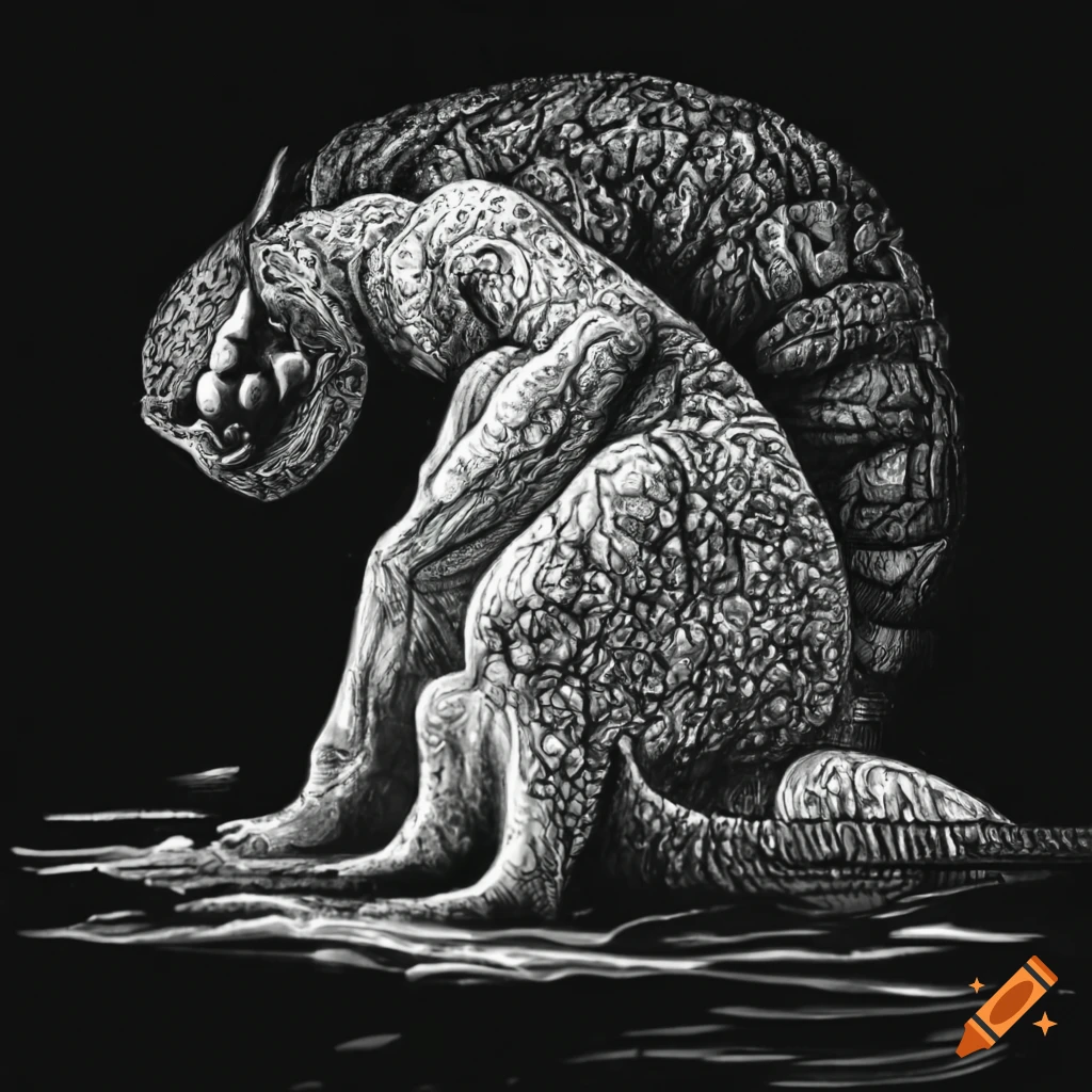 Person sitting on water with monster emerging below in black and white ...