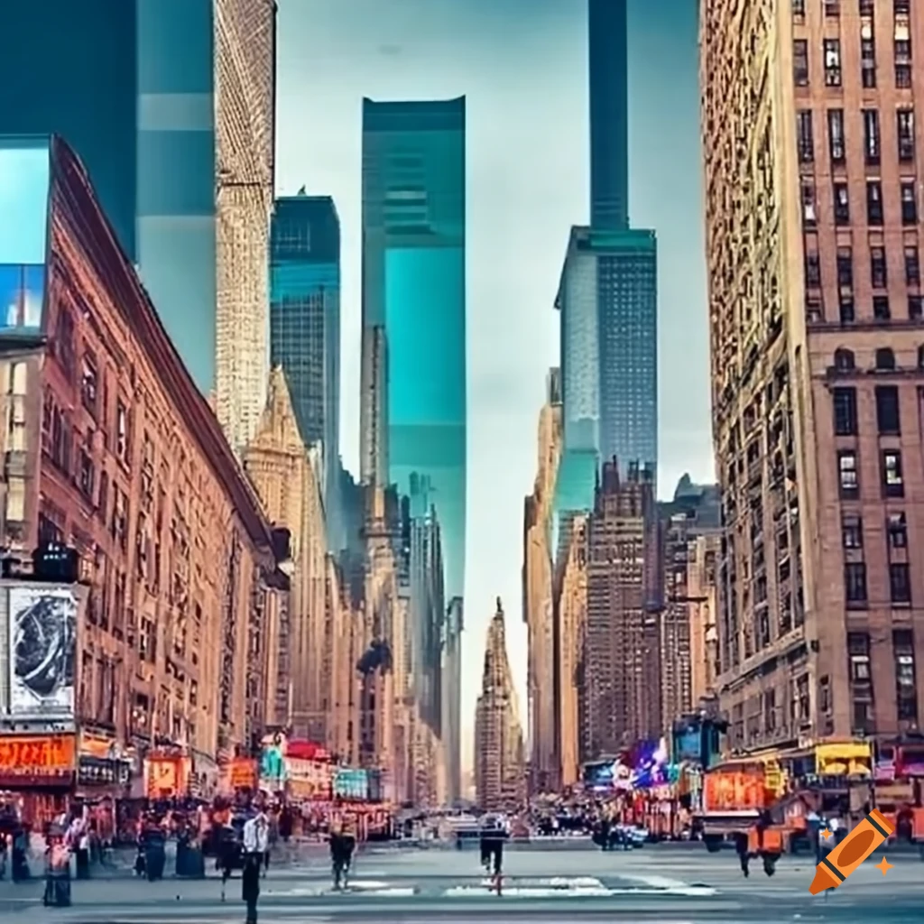 Retro new york cityscape featuring times square and iconic landmarks on ...
