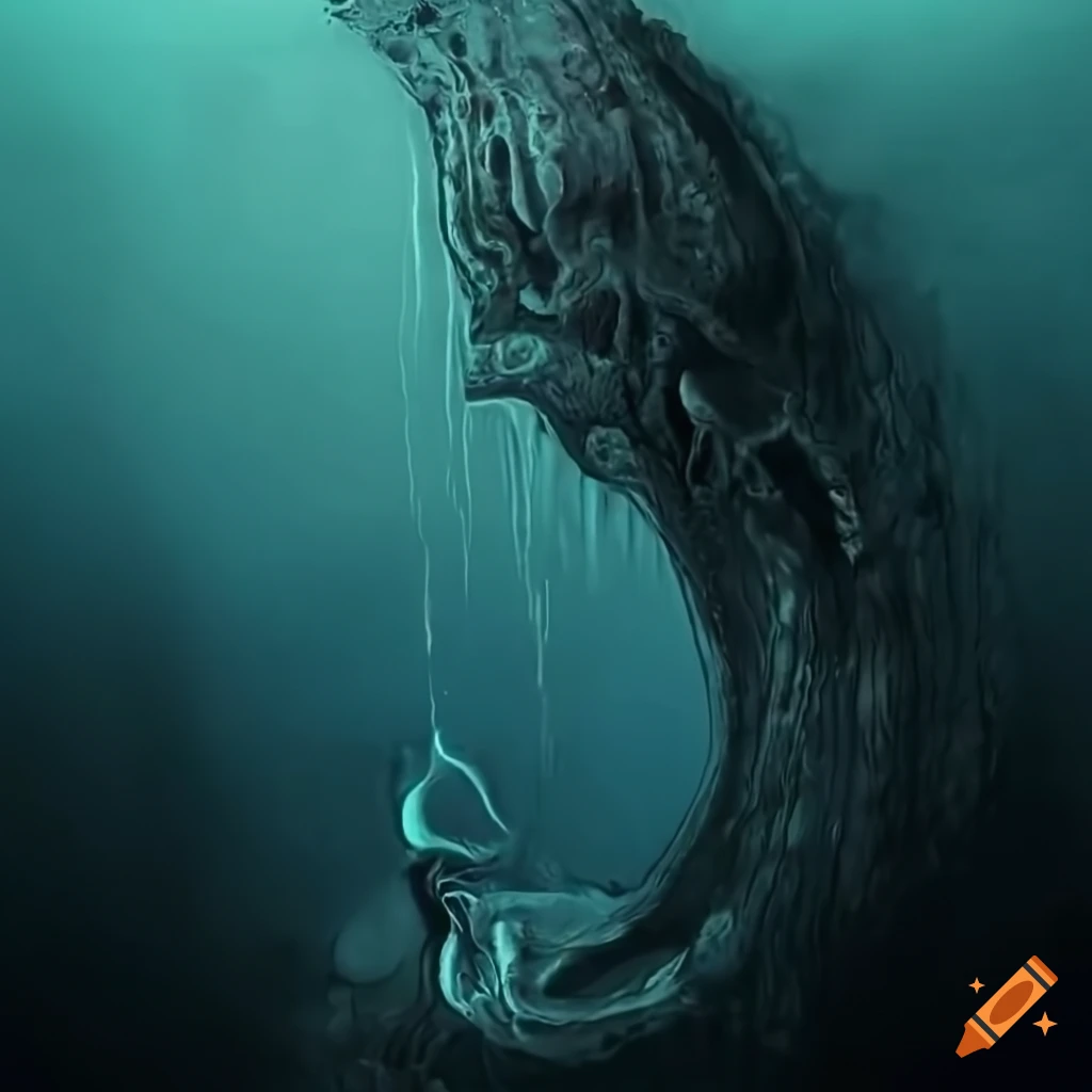 Person sitting on water with monster emerging below in black and white ...