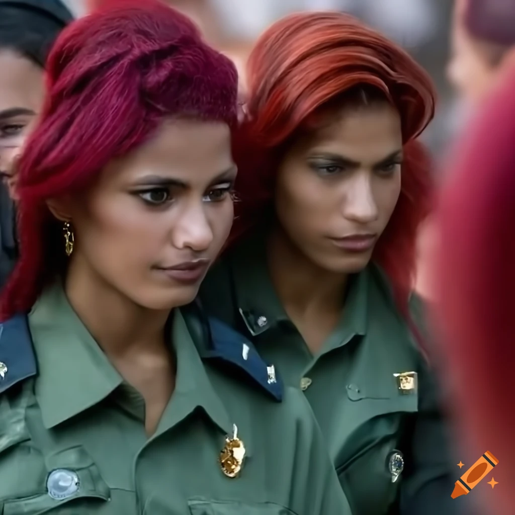Group of women in olive green police uniforms patrolling a marketplace ...