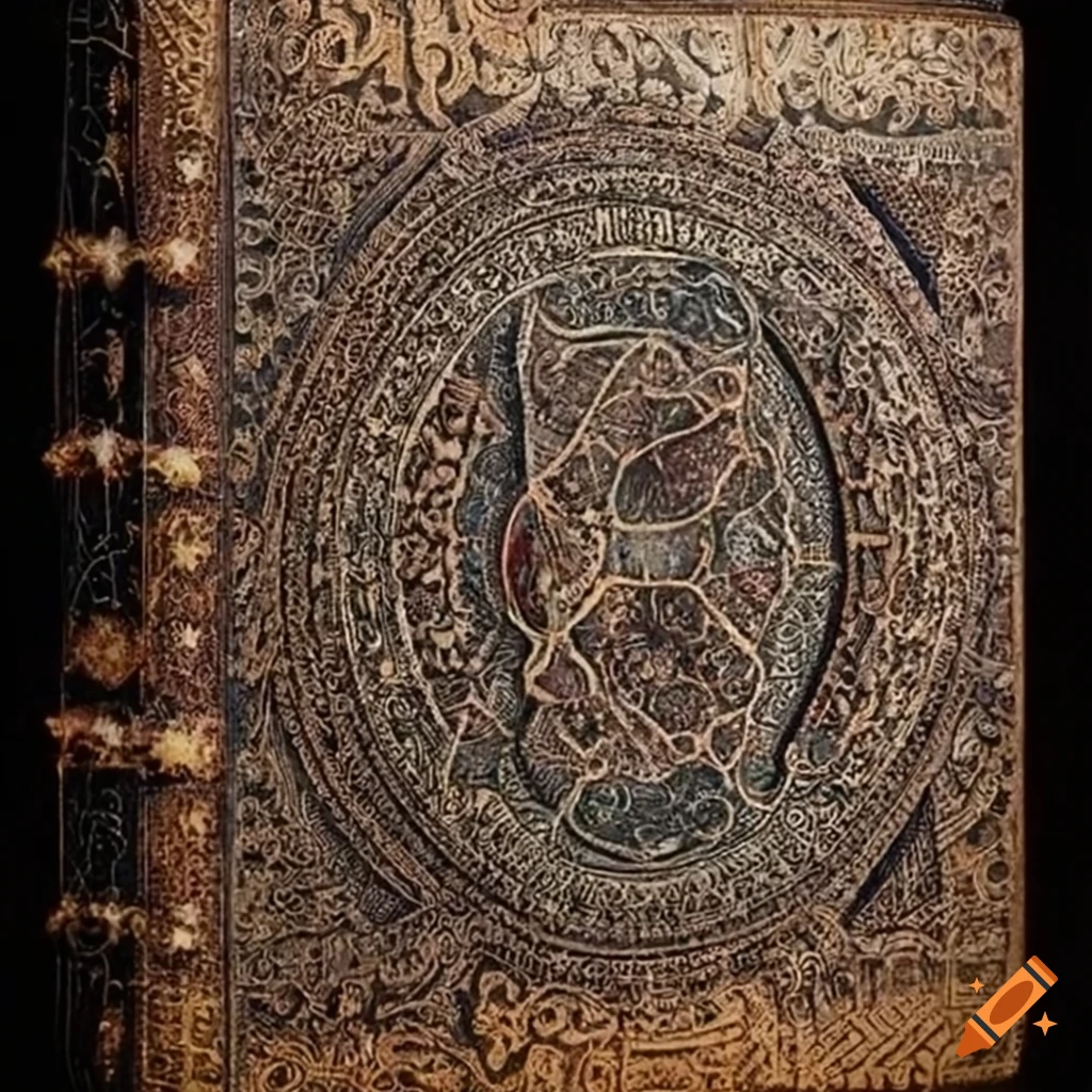 Illustrated ancient tome with intricate symbols revealing universe ...