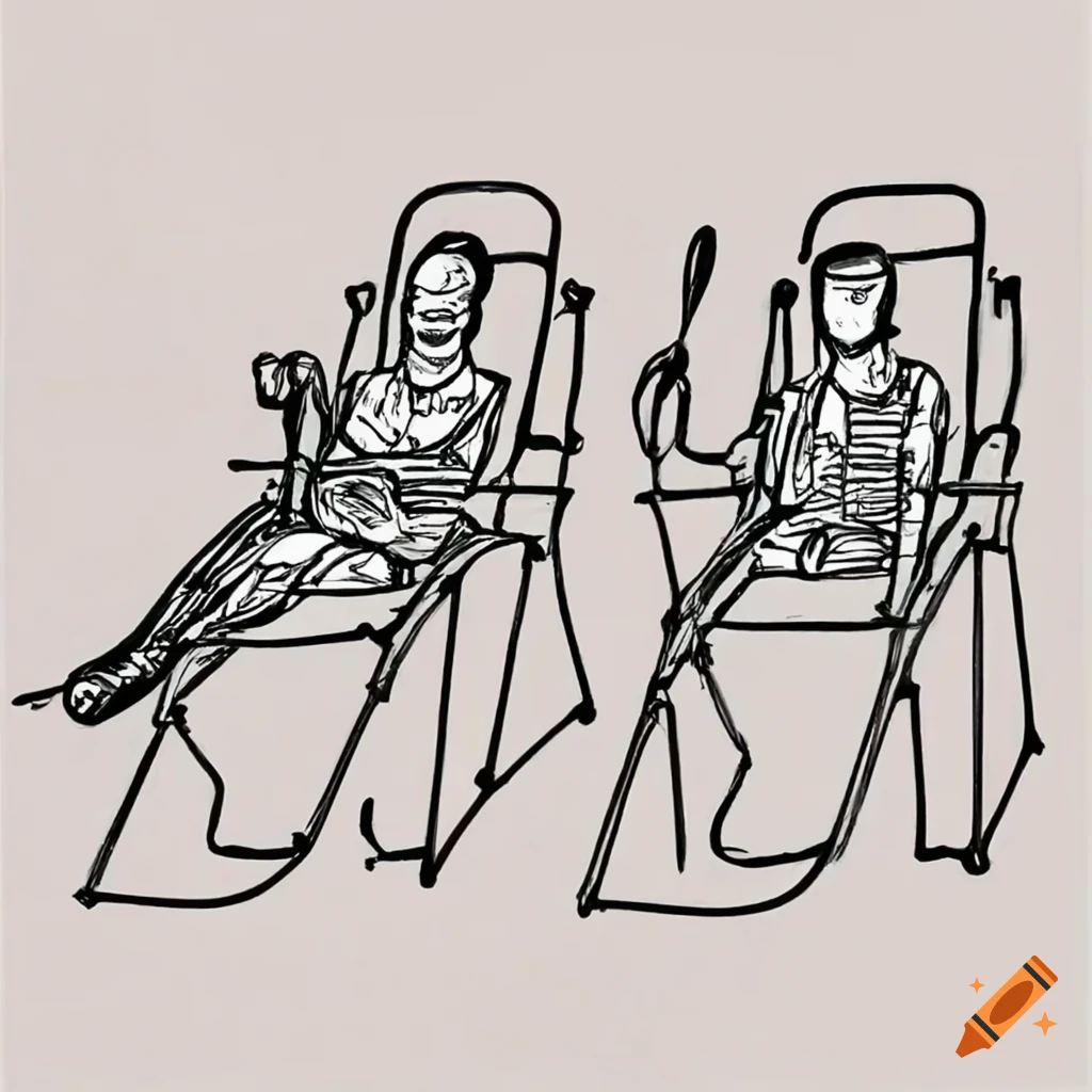 Crayon drawing of two men in zero gravity lawn chairs on Craiyon