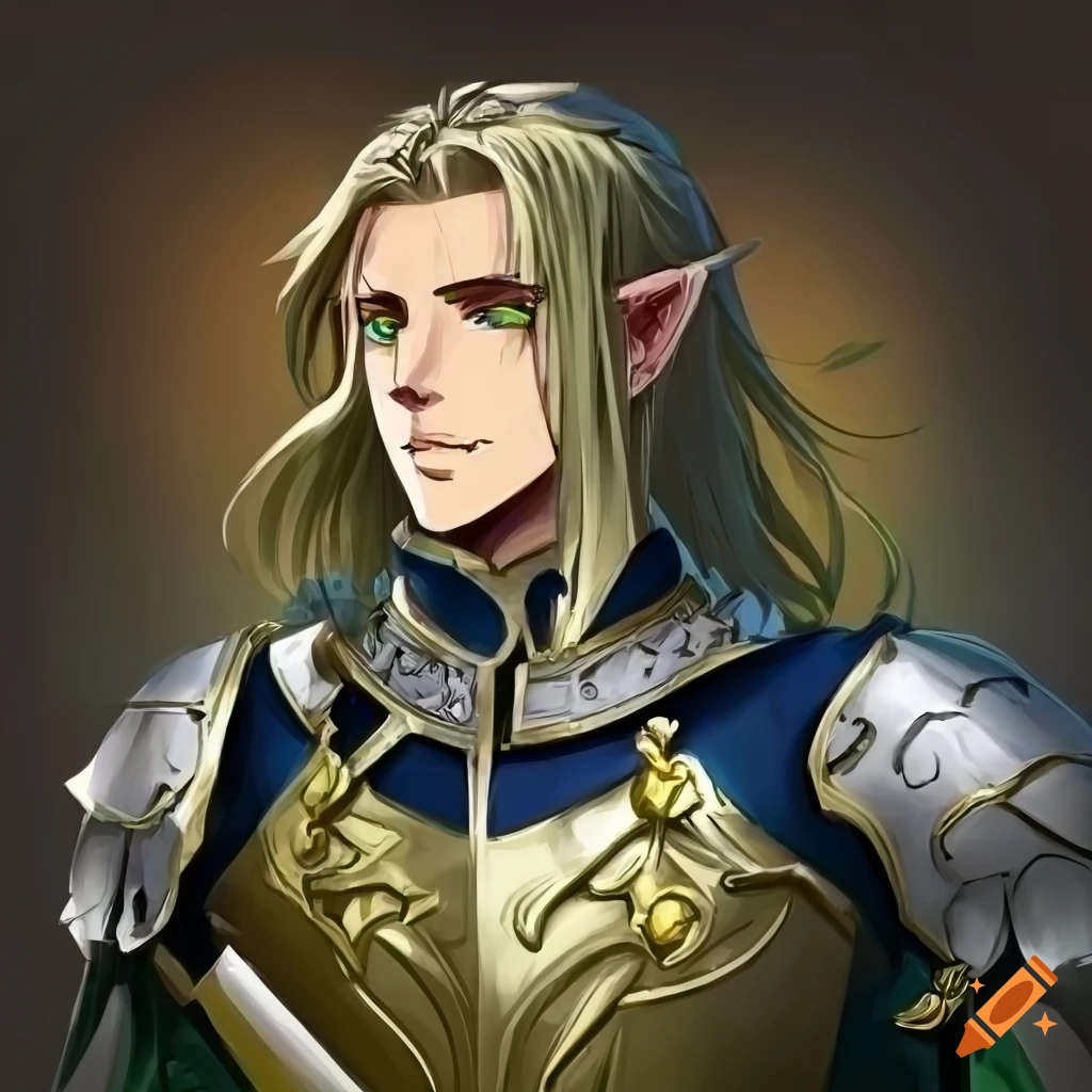 Portrait of a confident noble male elven knight in golden armor on Craiyon
