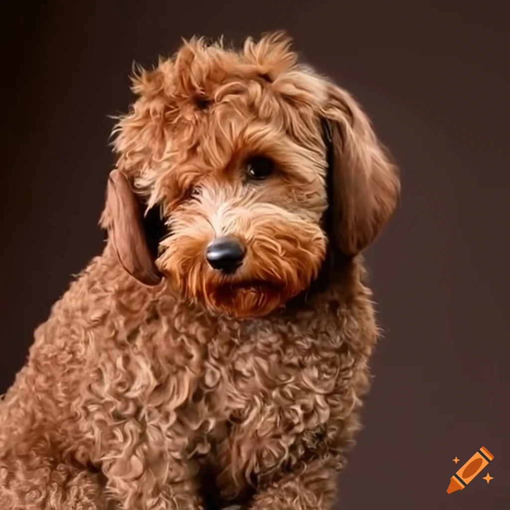 Timid brown labradoodle sitting with ears pinned back on Craiyon