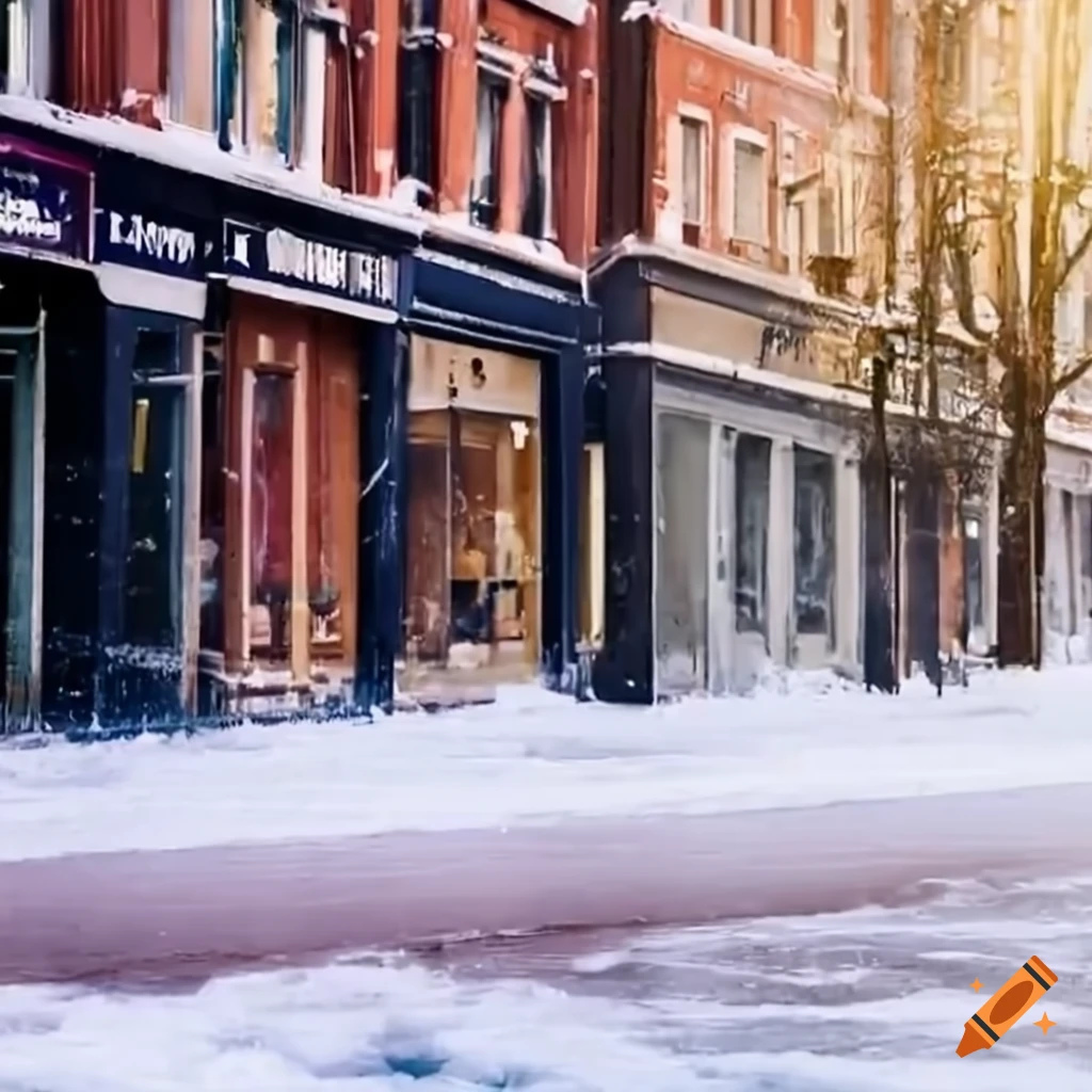 Icy windy sidewalk in front of shops on Craiyon