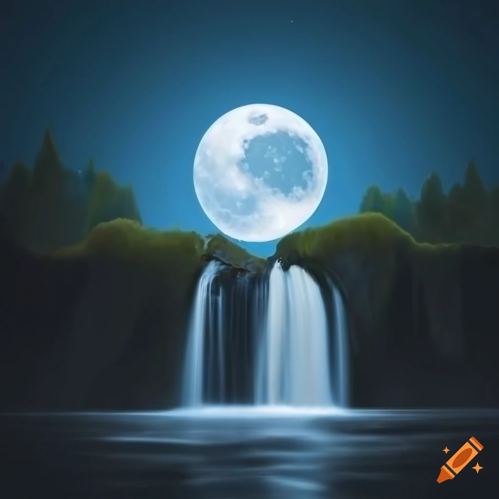 Waterfall flowing in a natural setting with moon in the background on ...