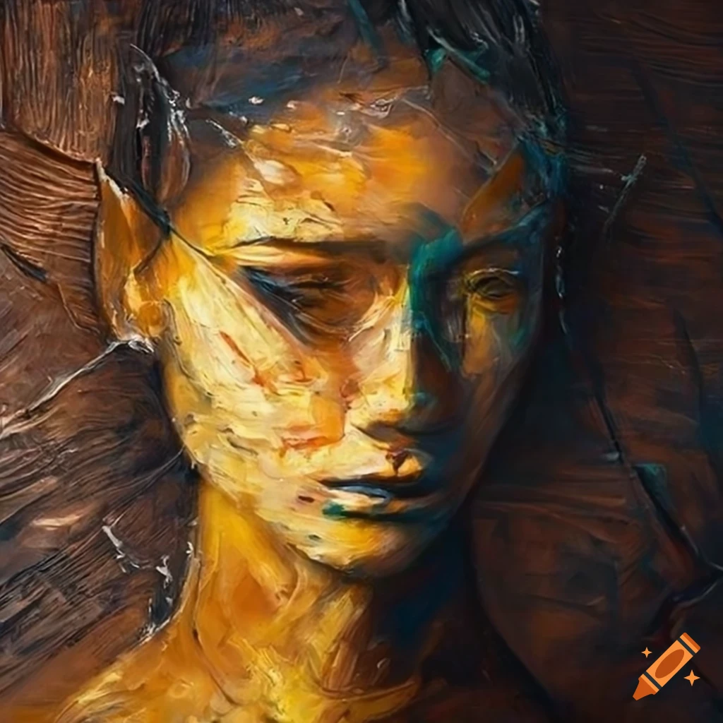 Abstract expressionistic body portrait oil painting on scratched wood ...