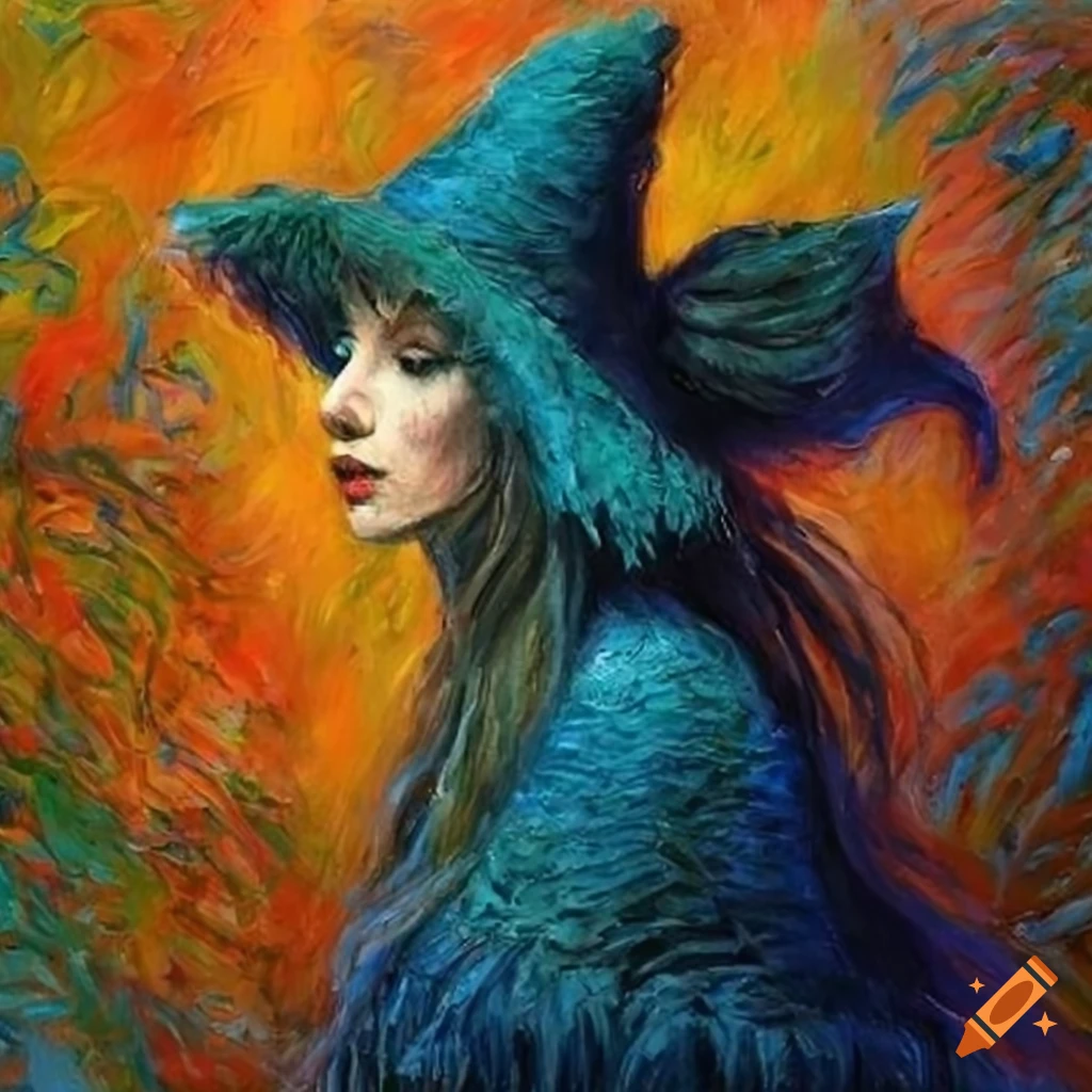 Texture-rich oil painting of a Claude Monet elf witch in a winter ...
