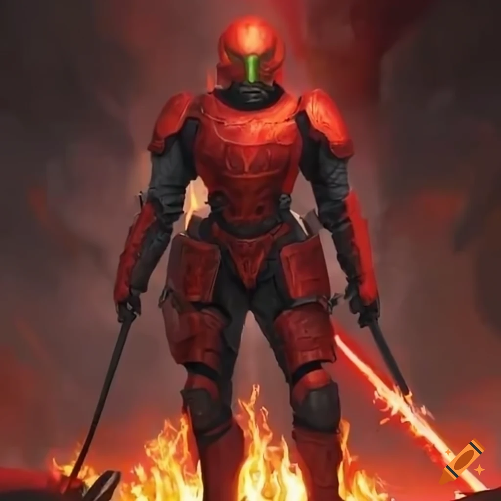 Elite soldiers in red armor with flaming swords in a sci-fi setting on ...