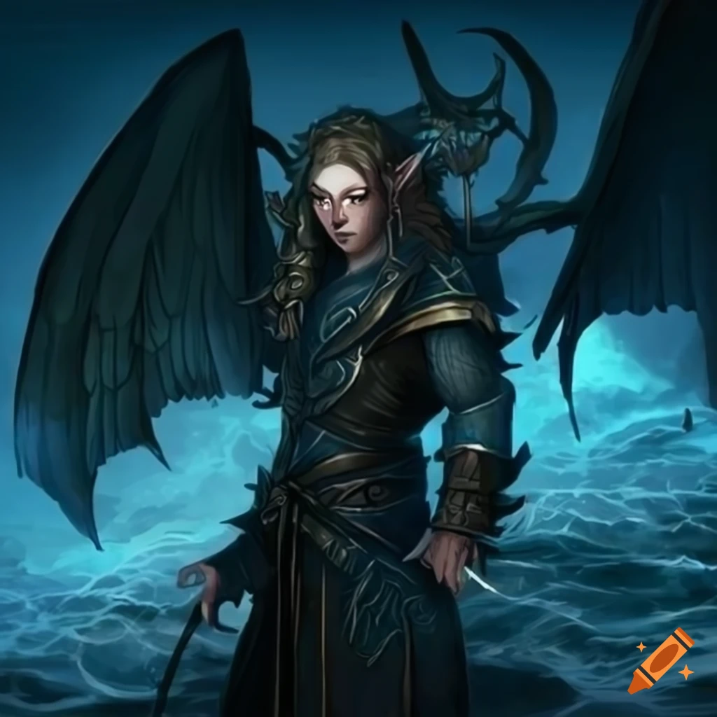 Elven rogue facing a bat-winged demon at stormy seashore with ancient ...