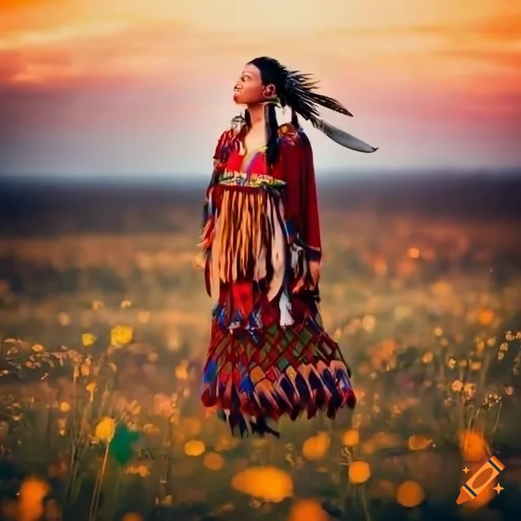 Native American woman dancing in a field of wild flowers at sunrise on ...