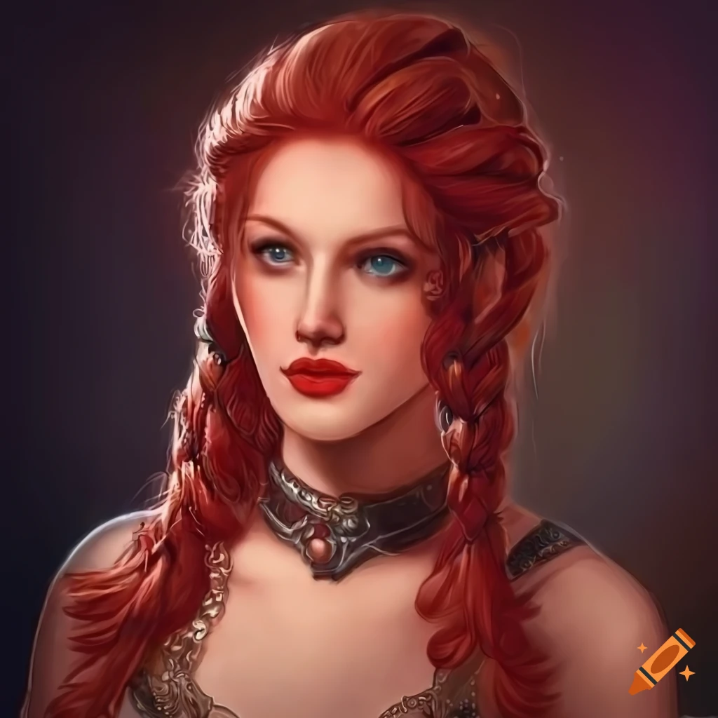 Portrait of a beautiful female with red hair and turquoise eyes in a ...