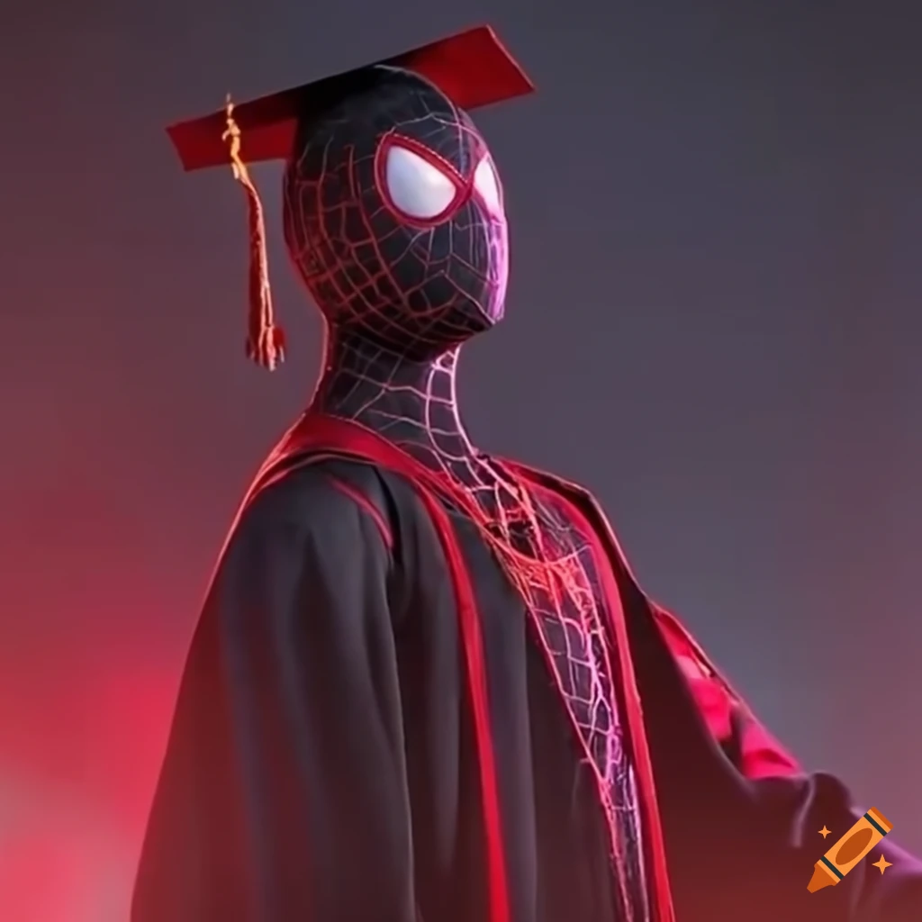 Miles Morales in a graduation cap and gown with spider suit on Craiyon