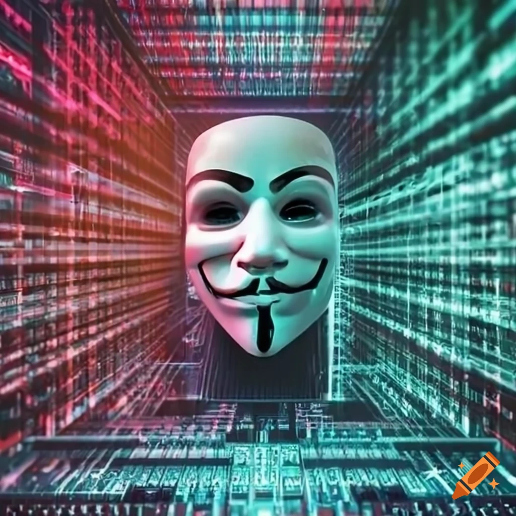 Anonymous hacker in a high-tech hacking room with wires and monitors on ...