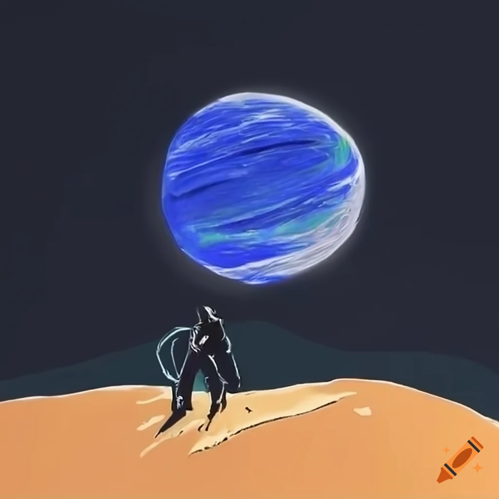 Minimalist black and white drawing of a sci-fi cowboy on a sand planet ...