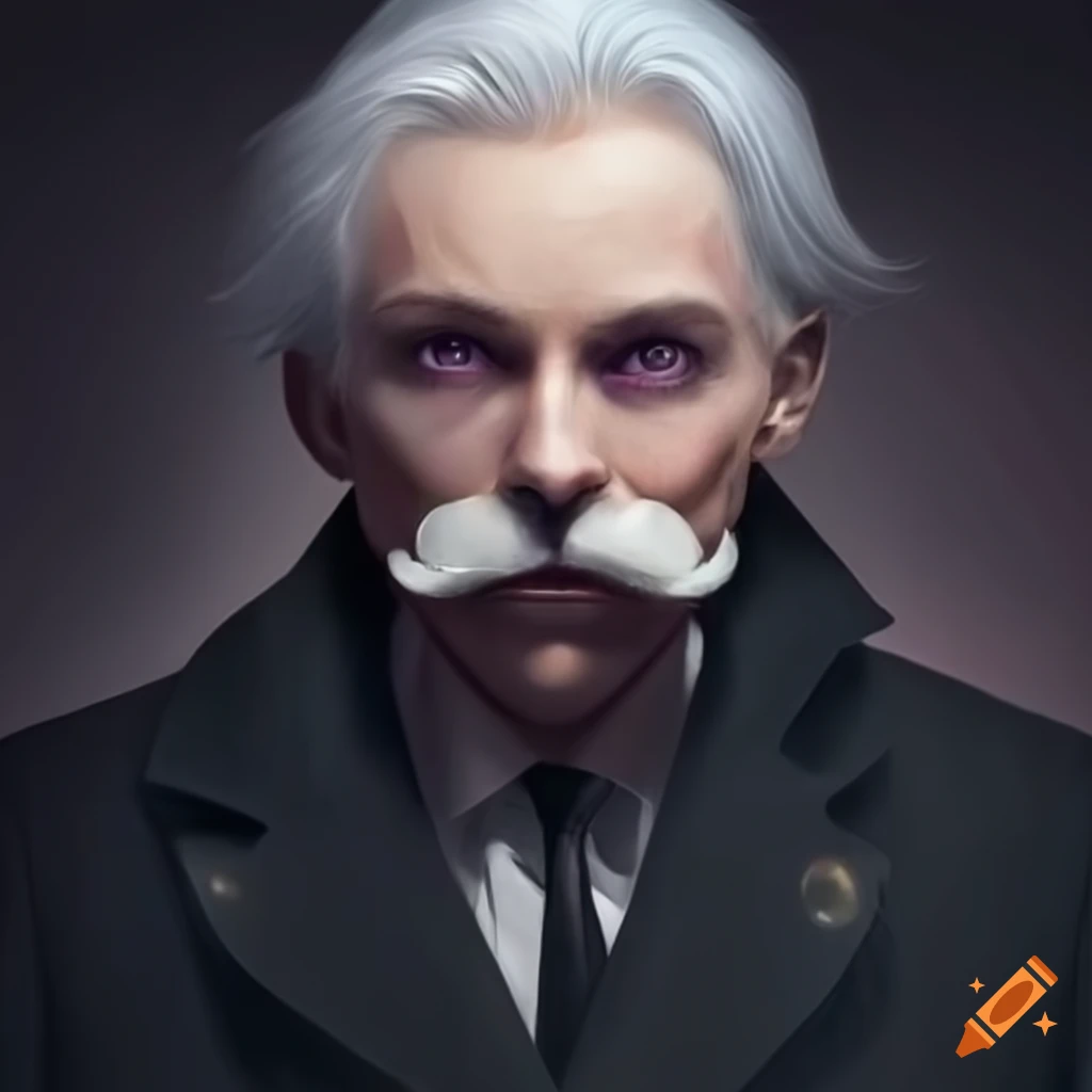 Mysterious man with white hair and purple eyes wearing a coffee-colored ...