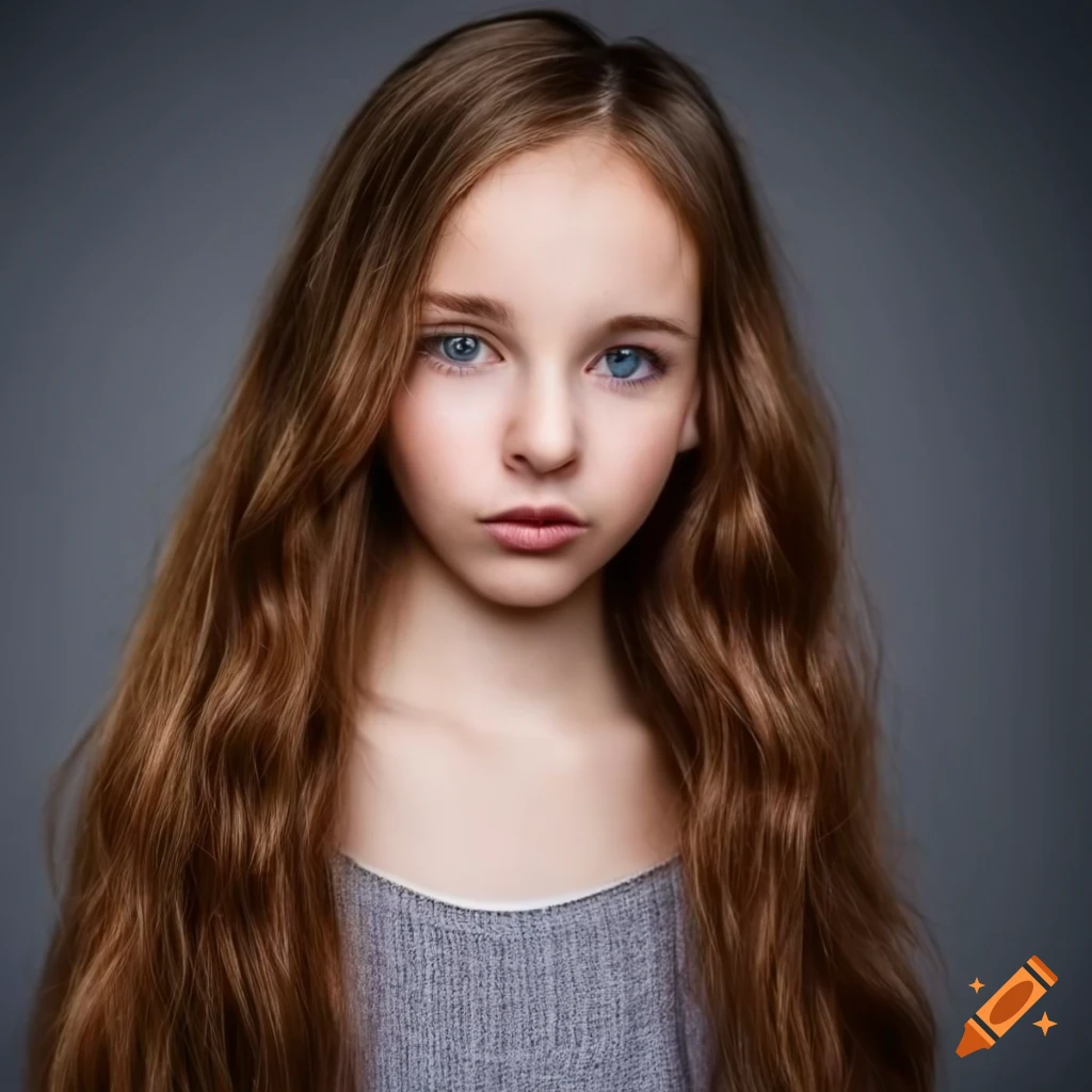 Petite young woman with long brown hair, slim nose, small blue eyes ...