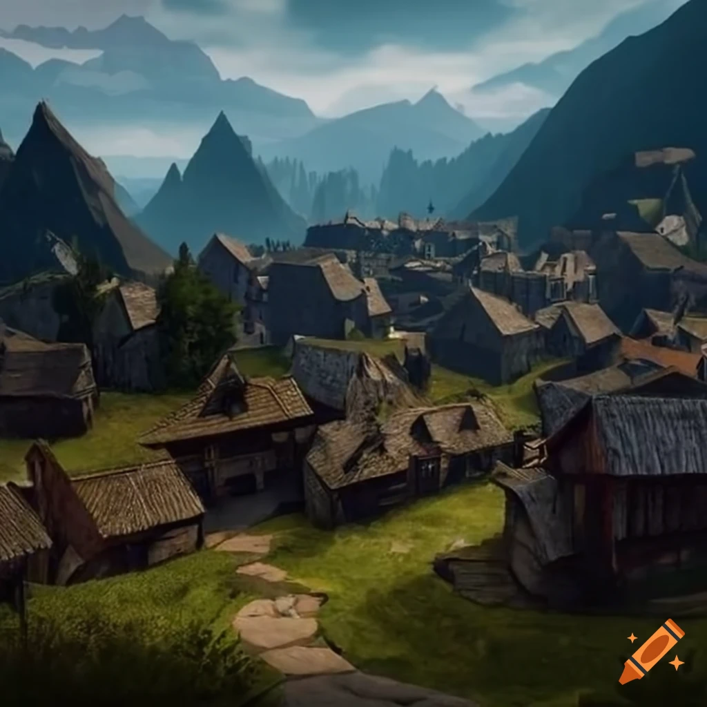 Medieval village surrounded by mountains with a stone path, ideal for ...