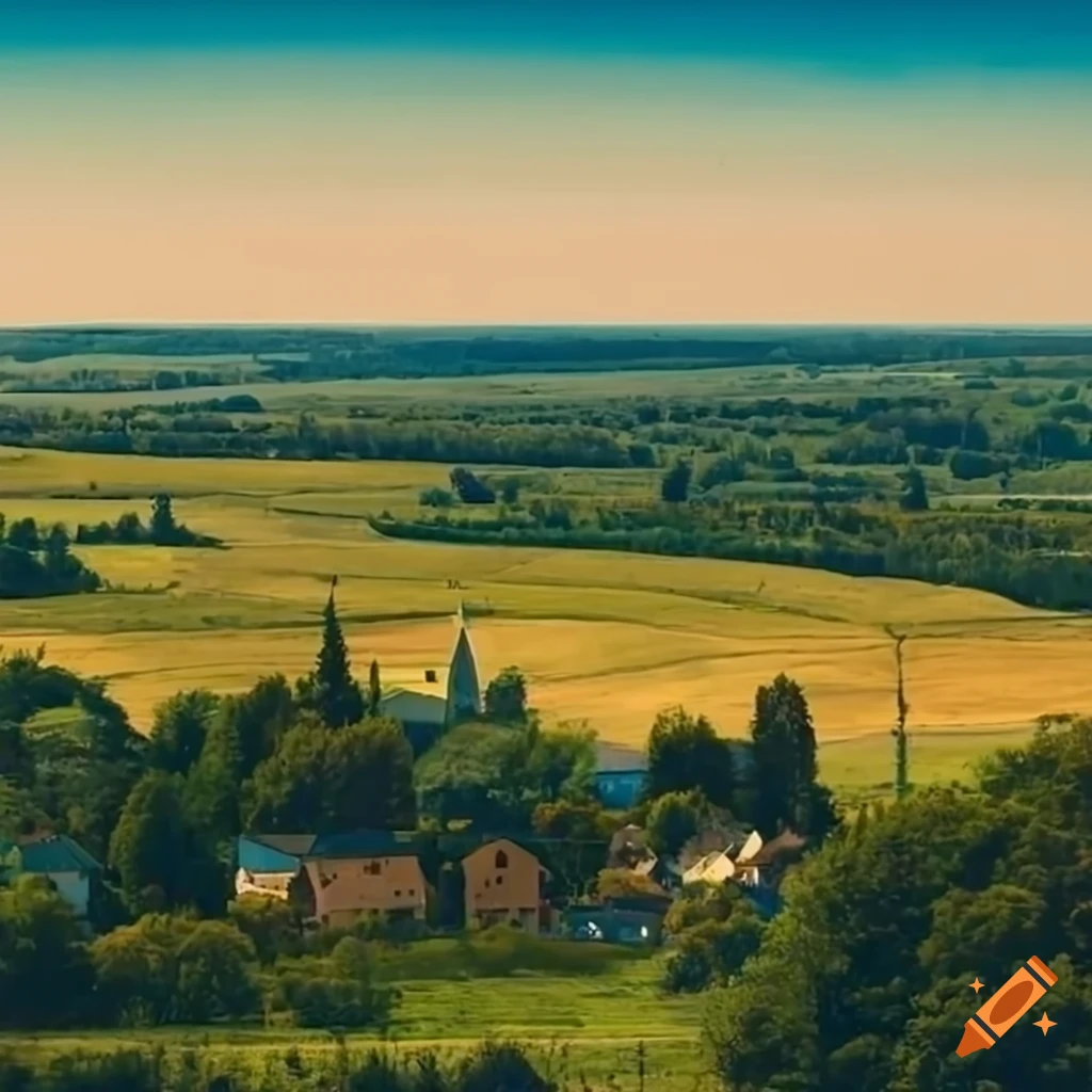 Ground view of rural town in Eastern Europe during summer with communal ...