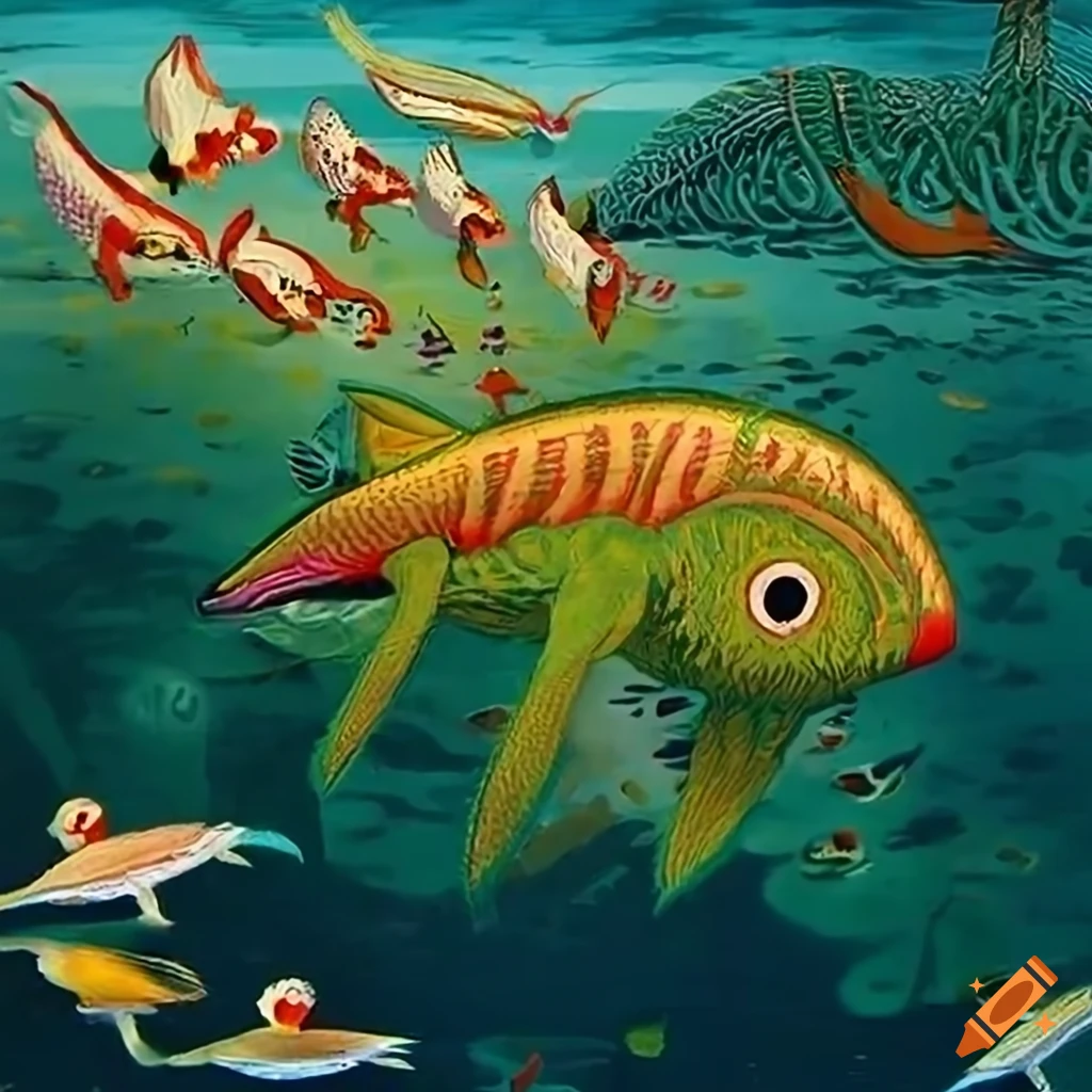 Underwater panorama with waterfowl, fish, and aquatic plants in celtic ...