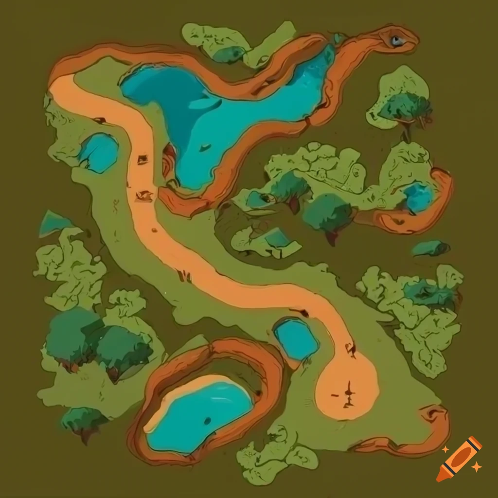 Map of a fantasy game landscape with forests, roads, and rivers in ...
