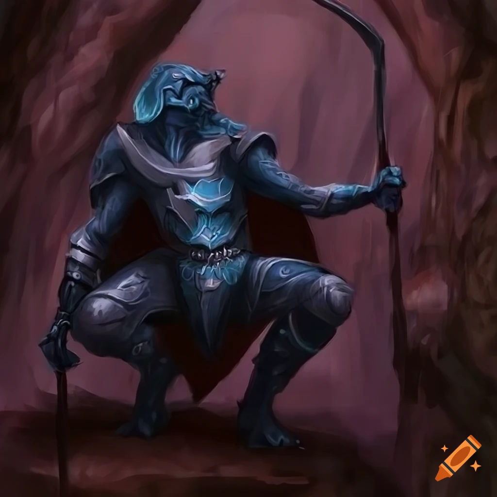 Heroic blue dragonborn ranger aiming in a dramatic fantasy illustration ...