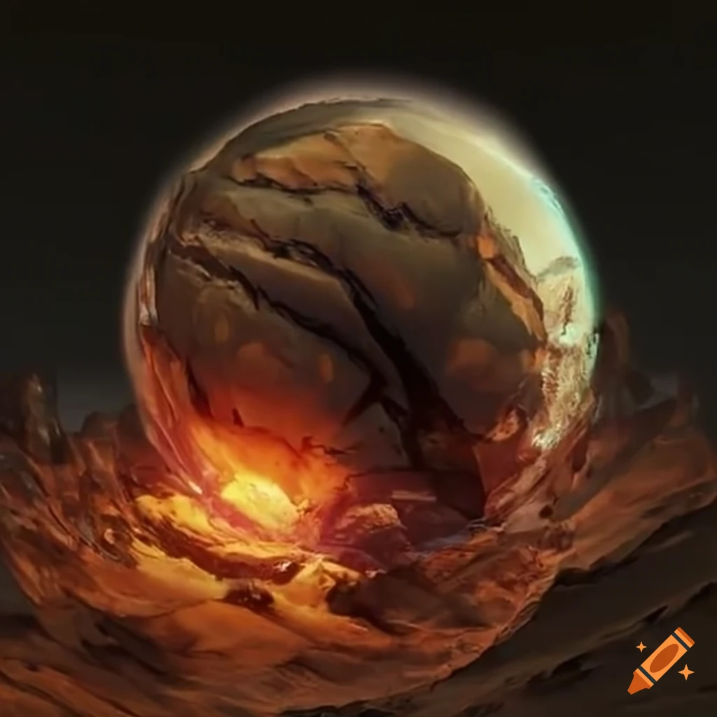 The broken nexus orb half buried in sandy ruins on Craiyon