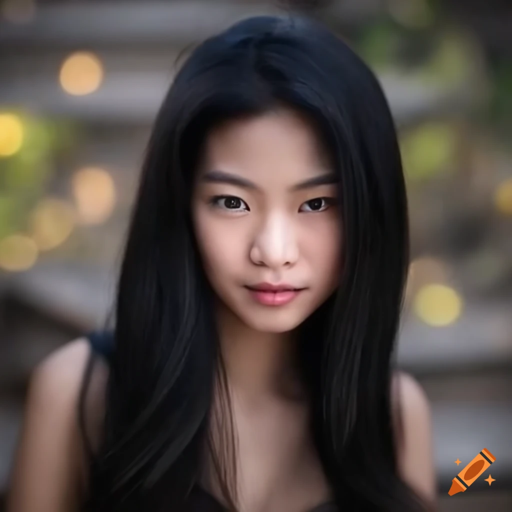 Asian woman with long black hair, tall nose, dark eyes, and a pretty ...