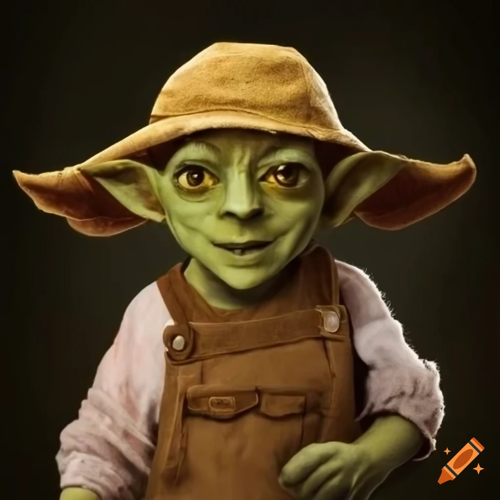 Kind and friendly goblin in brown dungarees and wide brim hat on Craiyon