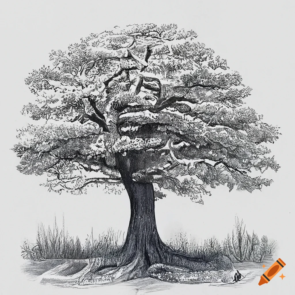 Beautiful black and white drawing of an oak tree on Craiyon