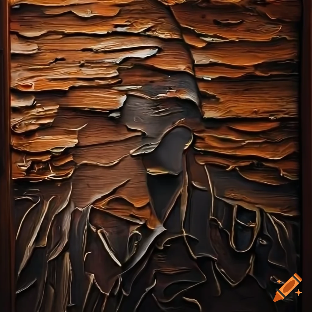 Abstract expressionistic oil painting on scratched wood canvas ...