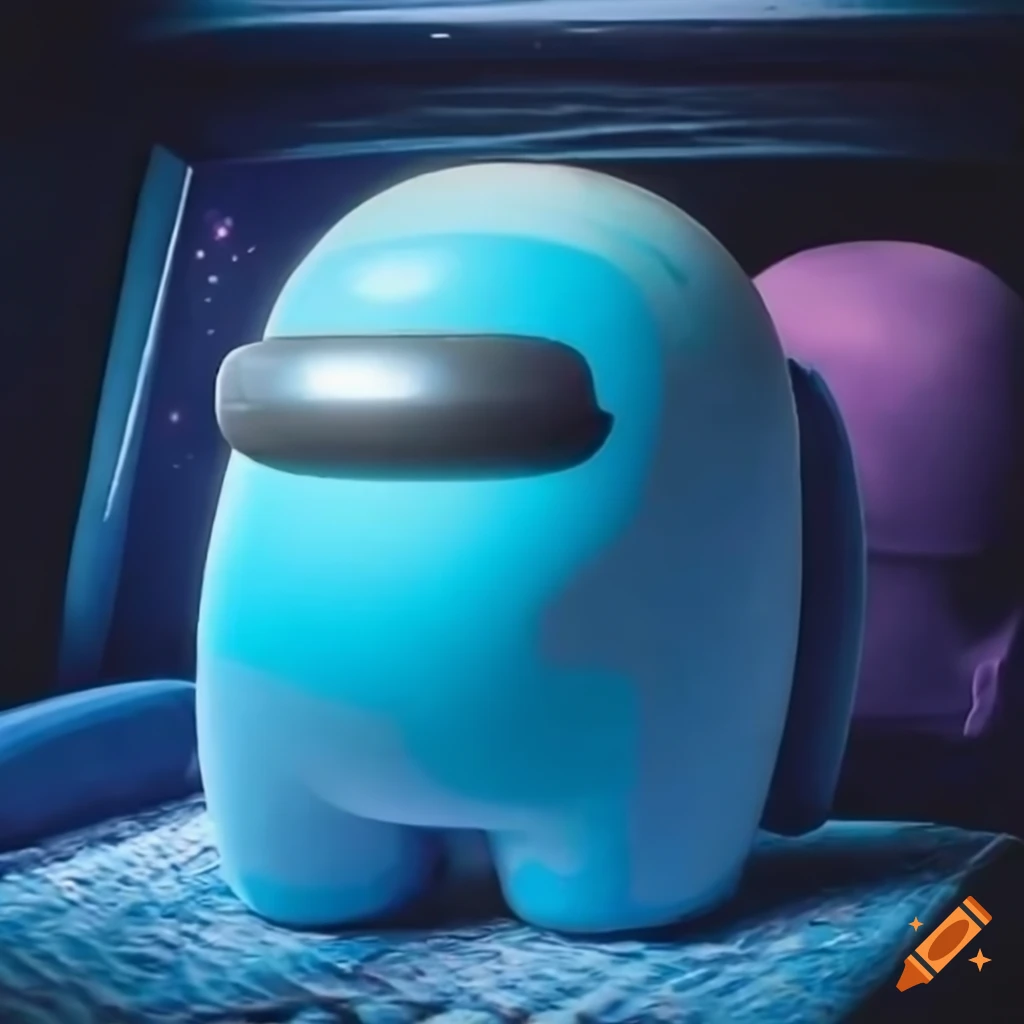 Among Us baby blue crewmate sleeping under a galaxy view on Craiyon