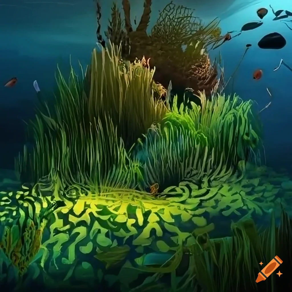 Underwater panorama with aquatic plants and marine animals in Celtic and native Salish designs ...