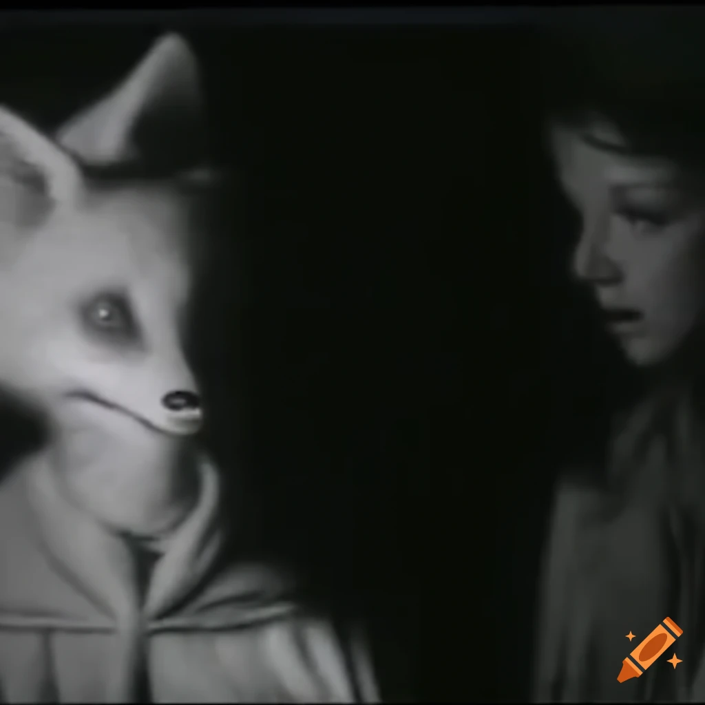 Strange humanoid fox character in black and white VHS footage on Craiyon