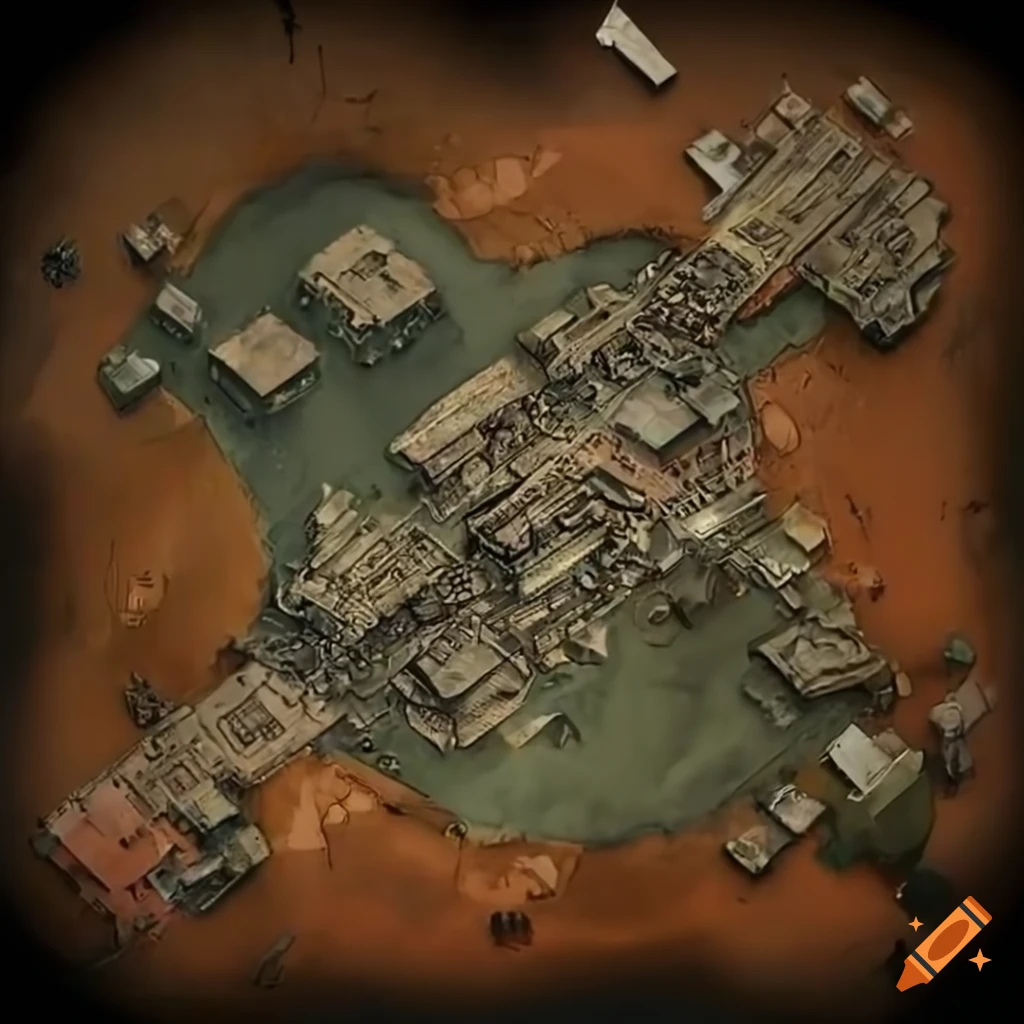 Top-down view of a post-apocalyptic fallout-inspired city map on Craiyon