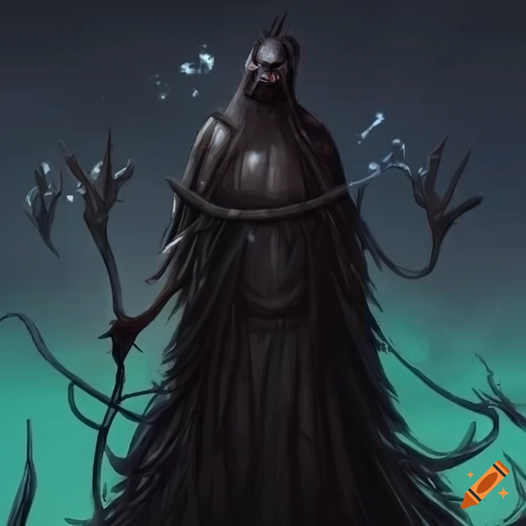 Illustration of a wizard with humanoid traits in a black robe on Craiyon