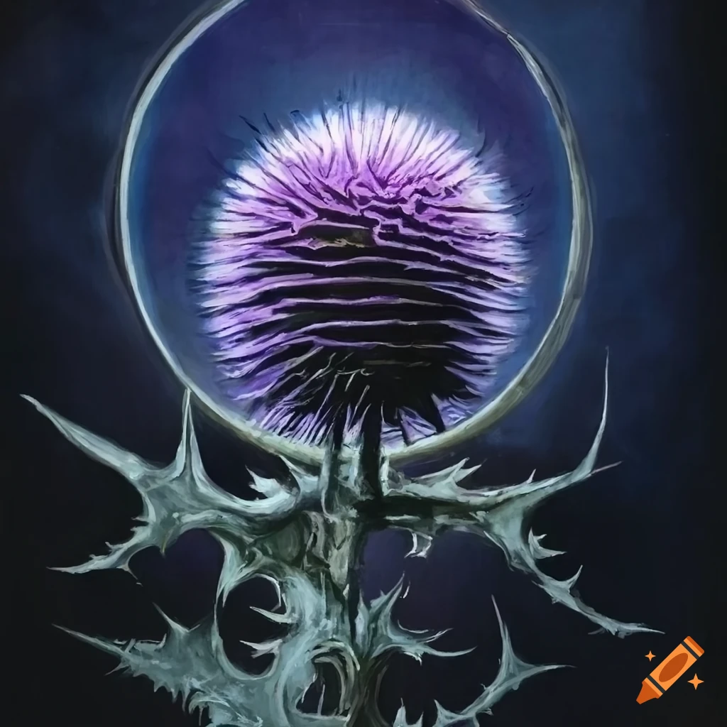 Pewter globe thistle graphic novel poster with deep glow effect on Craiyon