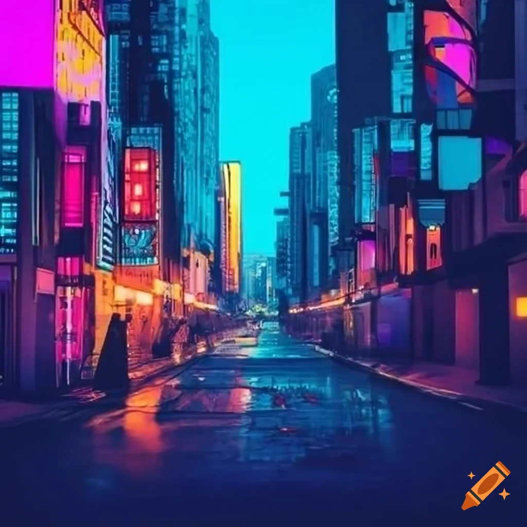 Vibrant retro cityscape with iconic 80's street scene on Craiyon