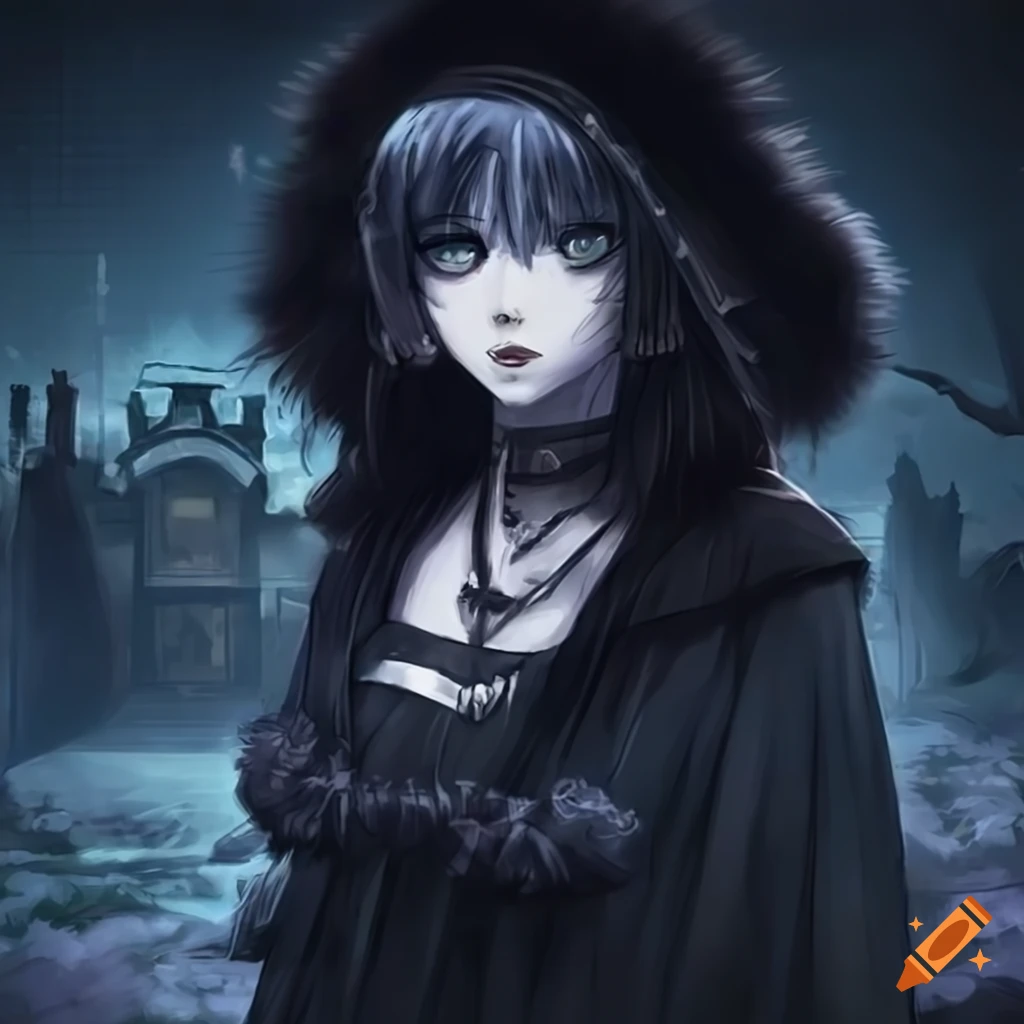 Pale goth woman in front of haunted manor in apocalypse anime style on ...