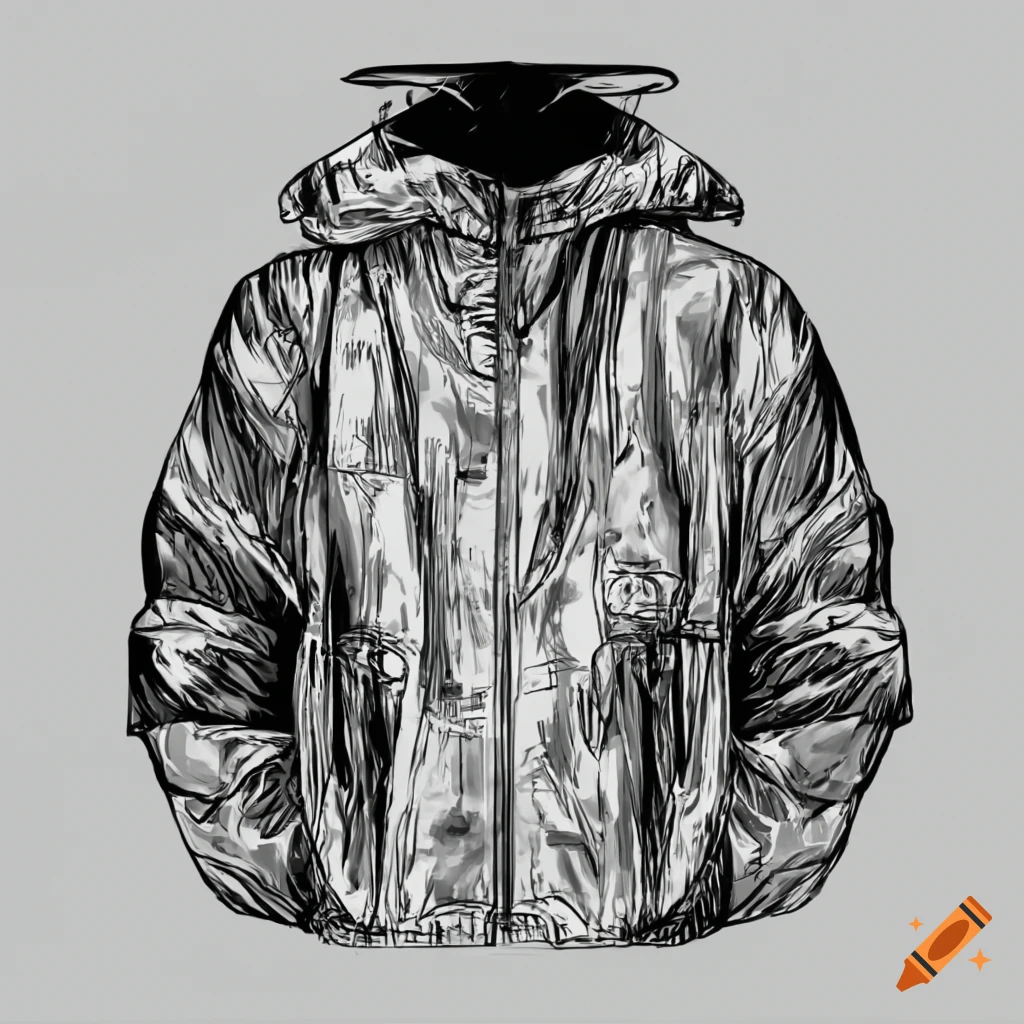Windbreaker jacket sketch with rough black and white shading on Craiyon