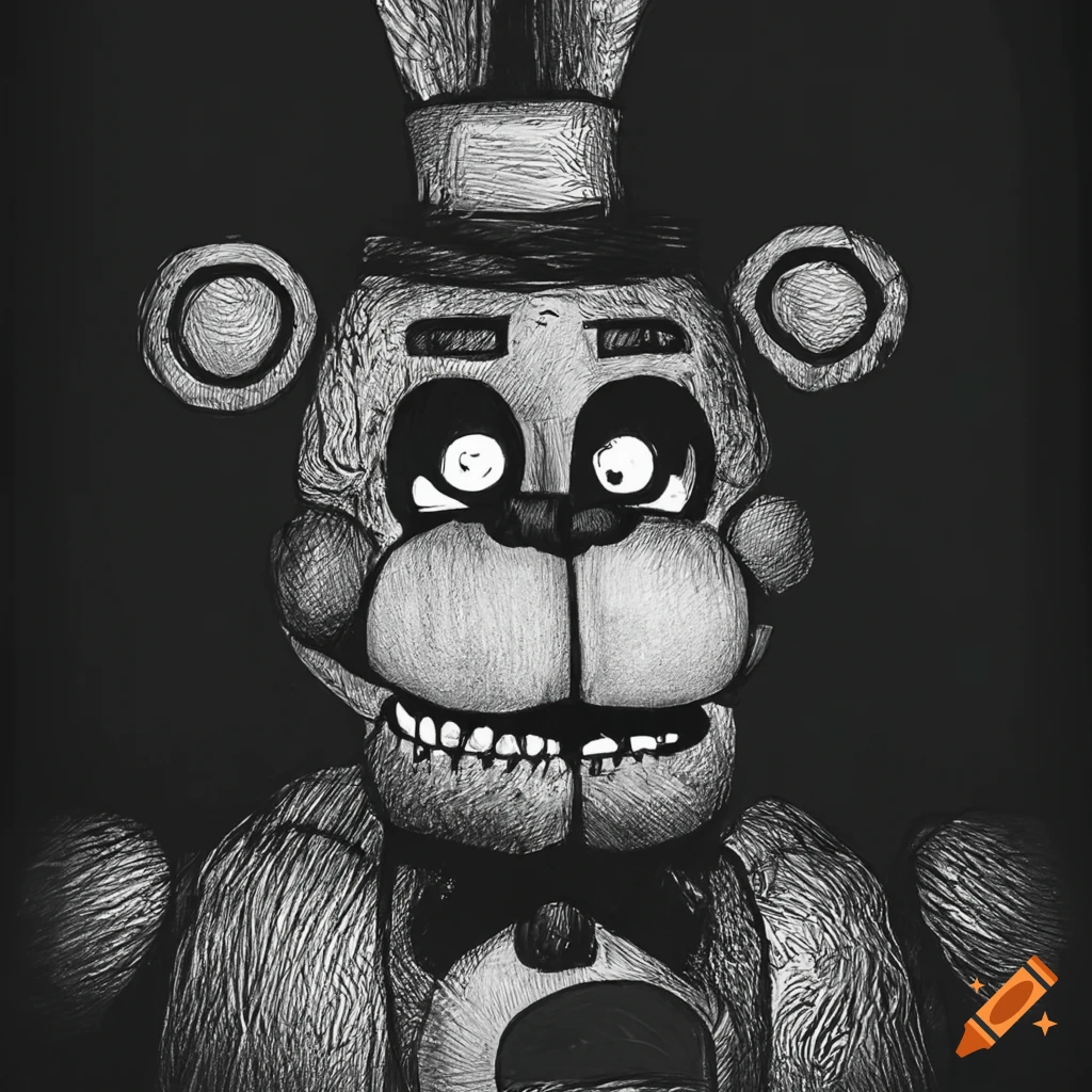 Horror illustration of deformed Freddy Fazbear in the dark on Craiyon