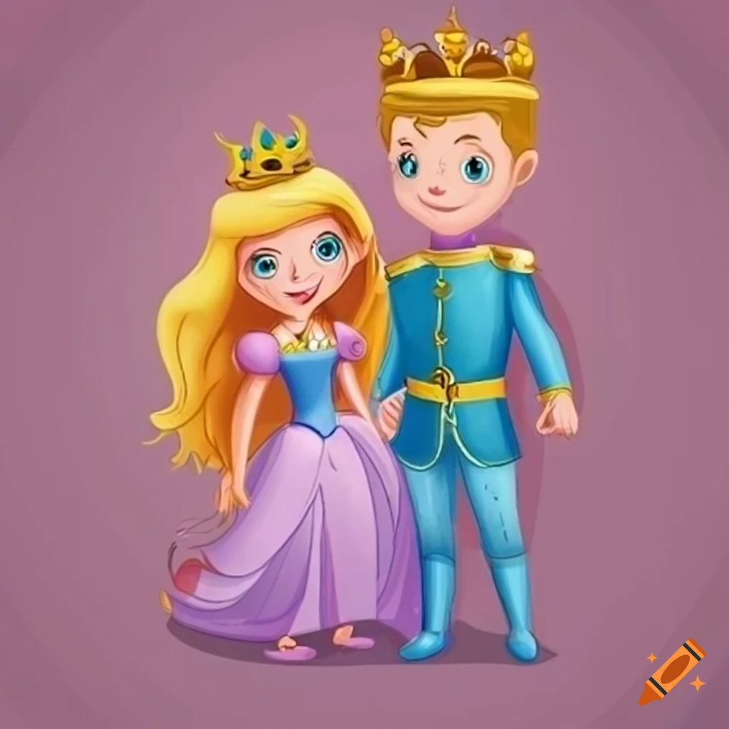 Cartoon princess and prince in a children's book illustration on Craiyon