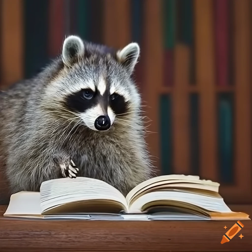 Raccoon reading a book on a study table in a library setting on Craiyon