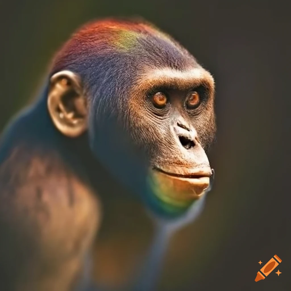 Happy australopithecus near water in African landscape with animals and ...