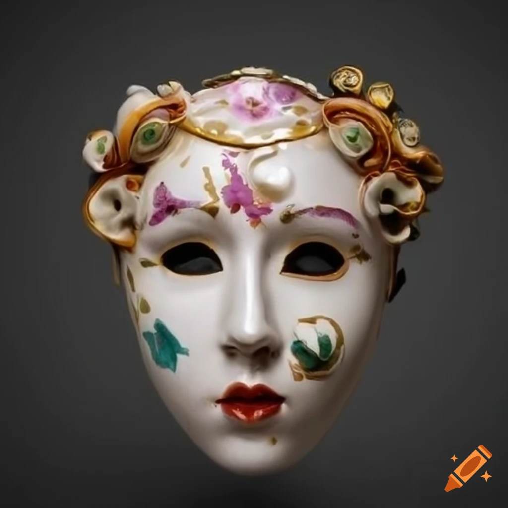 Porcelain mask painted with intricate designs on Craiyon